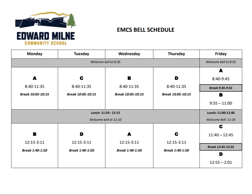 EMCS Yearly Bell Schedule | Edward Milne